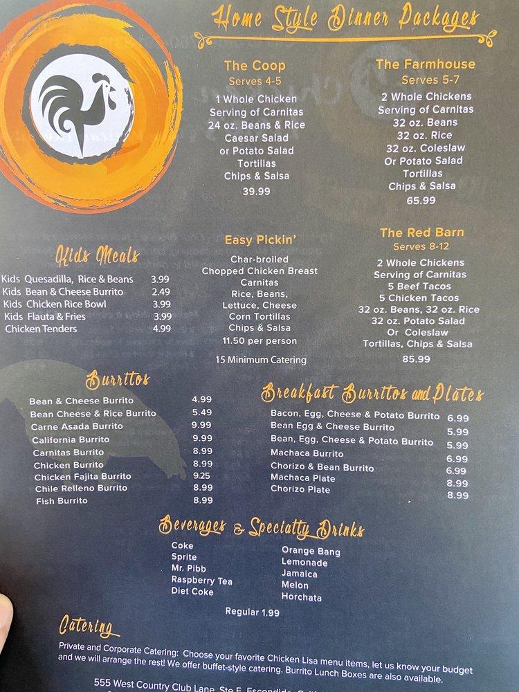Menu at Chicken Lisa's and Your Mexican Favorites fast food, Escondido