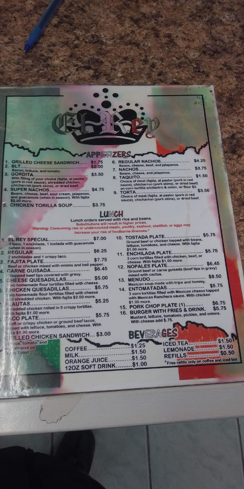 Menu at El Rey restaurant, Galveston
