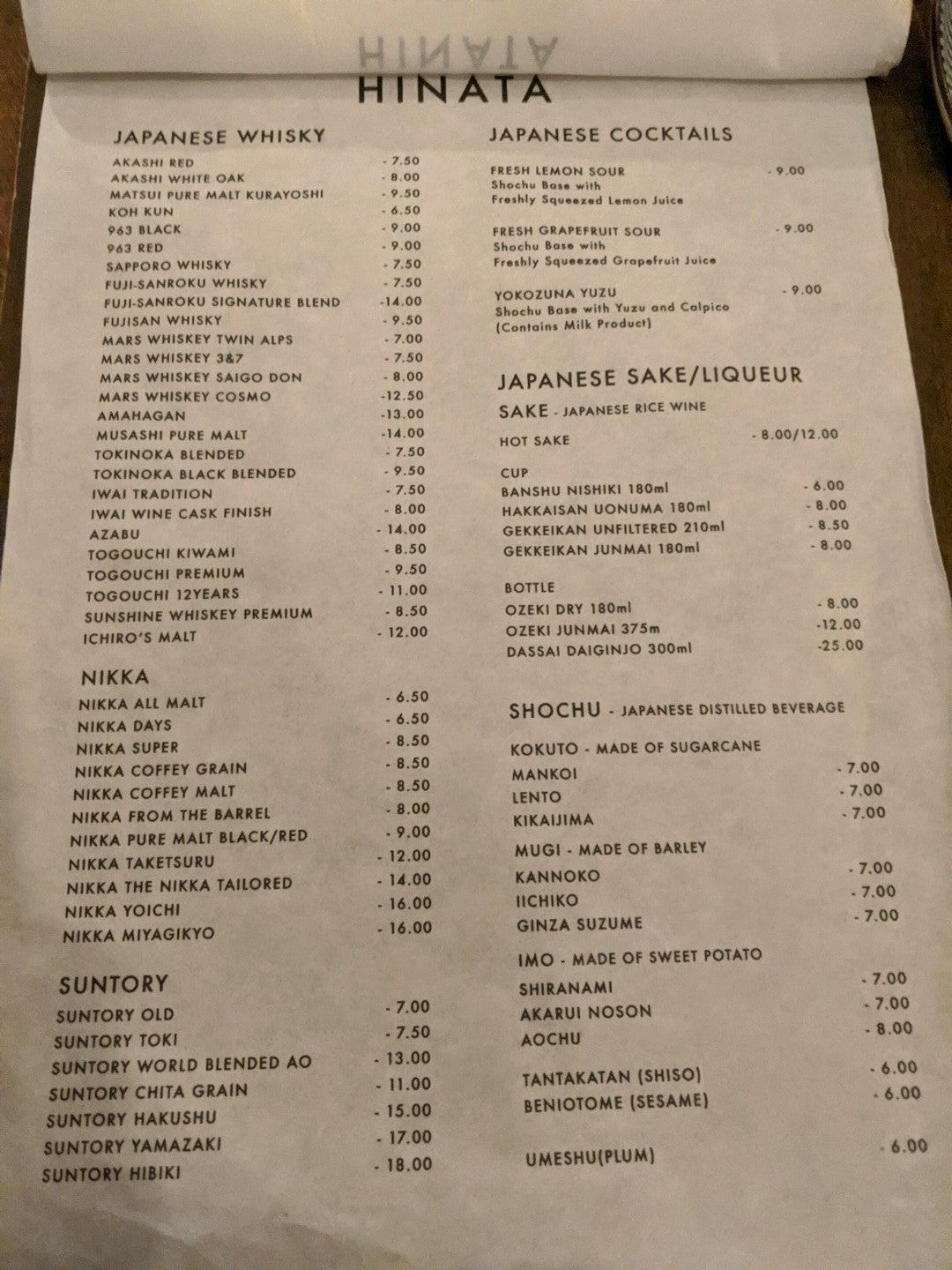 Menu at Hinata, Amsterdam