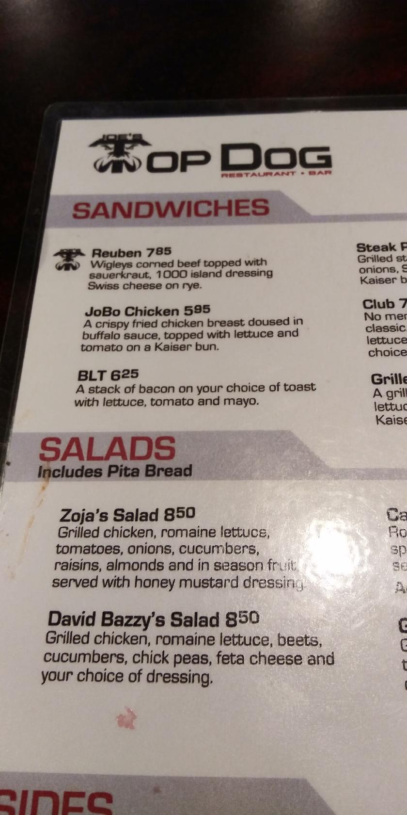 Menu at Joe's Top Dog Restaurant, Dearborn
