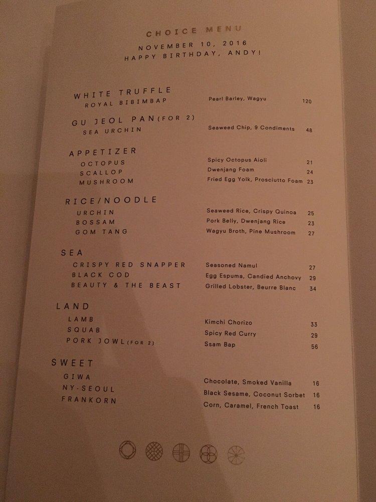 Menu at Jungsik restaurant, New York City