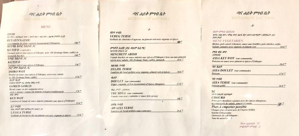 Menu at Lac Tana restaurant, Paris