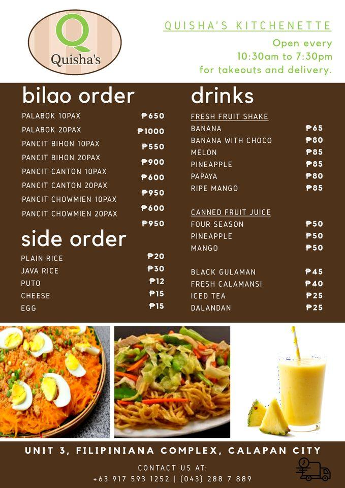 Menu at Quisha's Kitchenette restaurant, Calapan, C53M+JHP