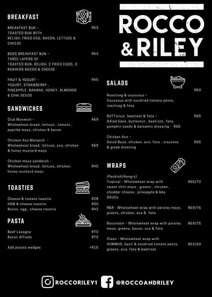 Menu at Rocco & Riley restaurant, Stellenbosch