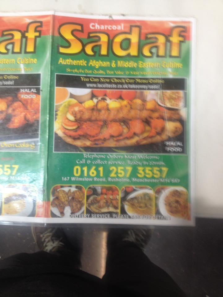 Carta de comida rápida SADAF, Manchester, 167 Wilmslow Rd