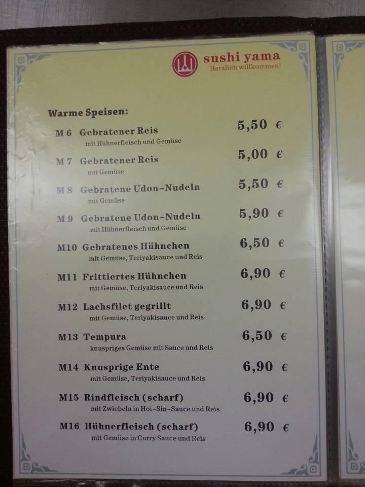 Menu at Sushi Yama restaurant, Nuremberg