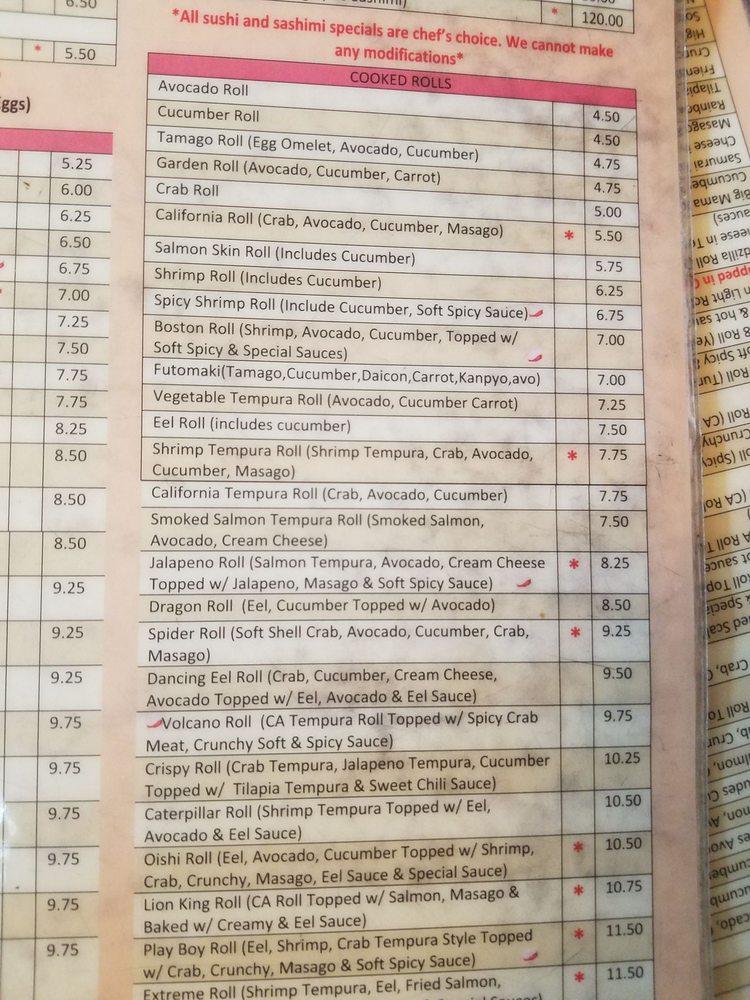 Menu at US Sushi restaurant, Greensboro