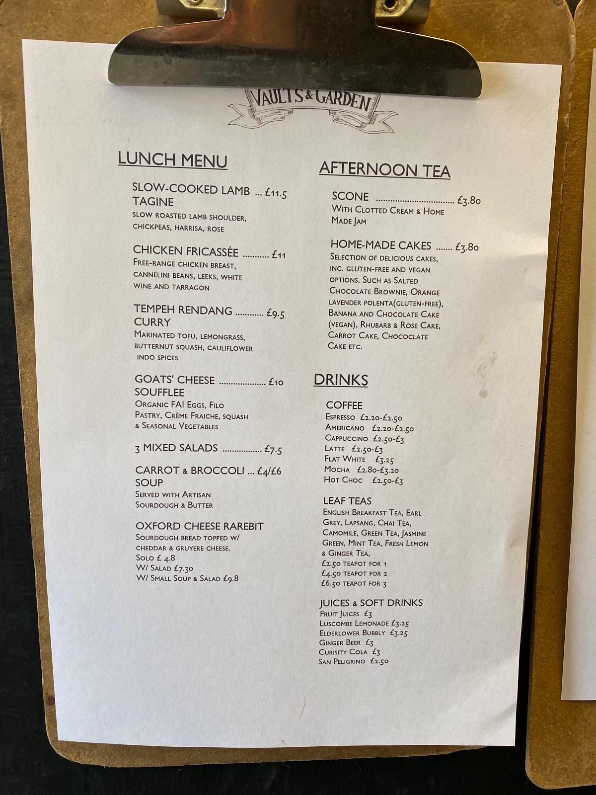 Menu at Vaults & Garden cafe, Oxford