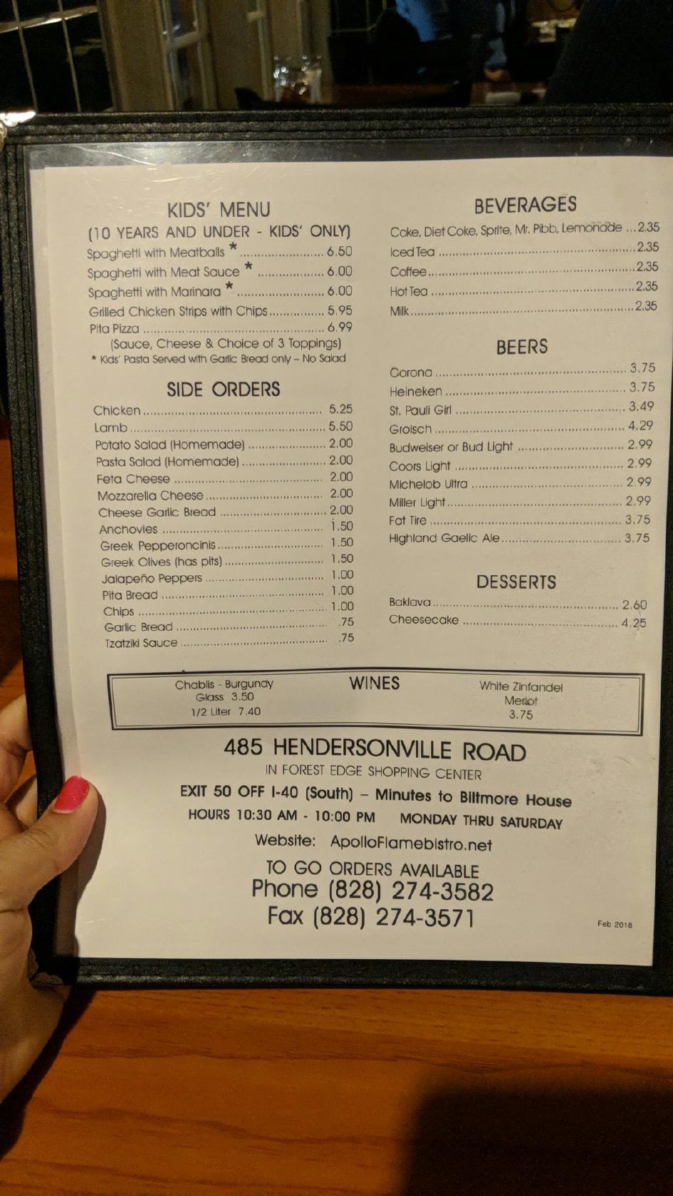 Menu at Apollo Flame Bistro - Hendersonville Rd restaurant, Asheville ...