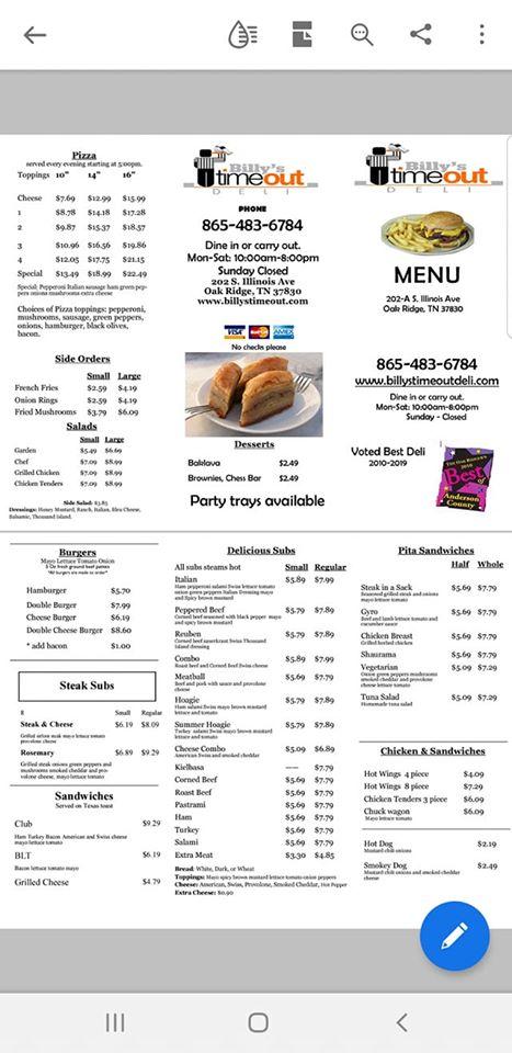 Menu at Billy's Time Out Deli restaurant, Oak Ridge