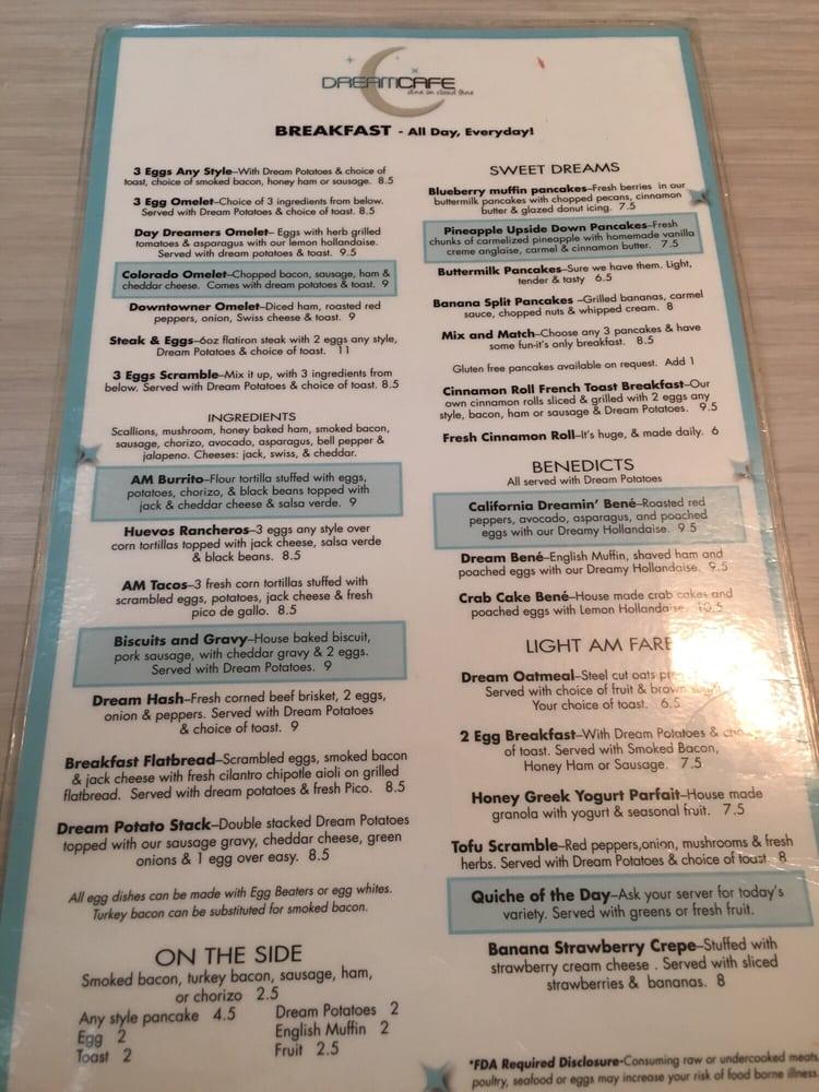 Menu at Dream Cafe, Grand Junction