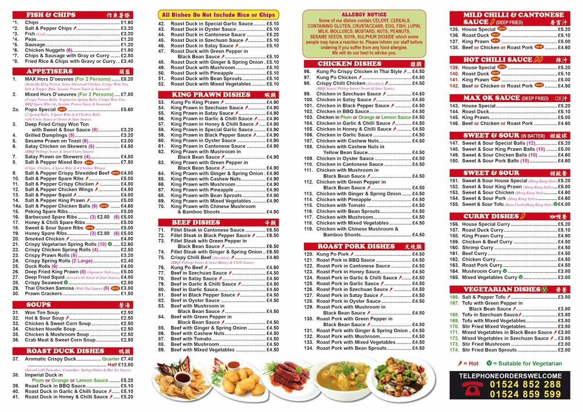 Menu at Max Chinese Takeaway fast food, Morecambe