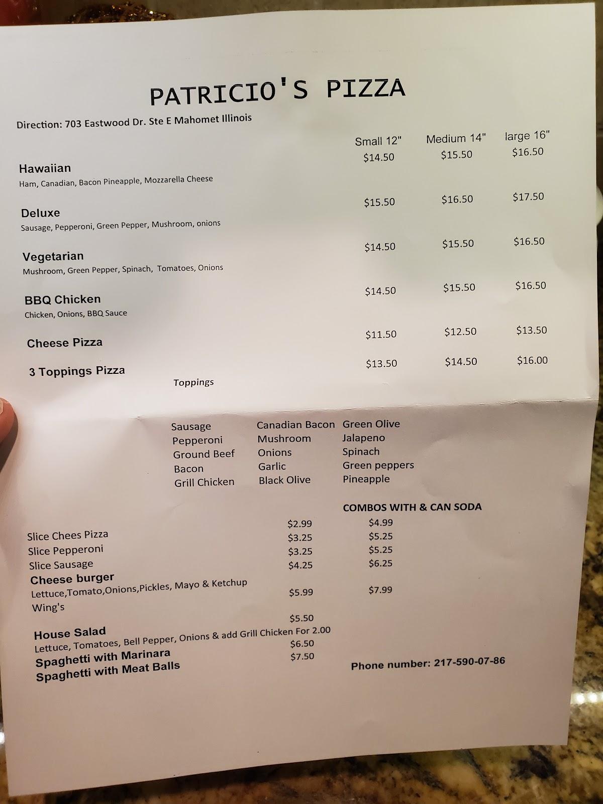 Menu at Patricio's pizza and more pizzeria, Mahomet
