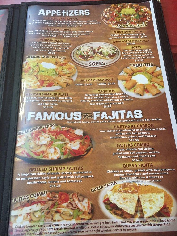 Menu at Sol Azteca Mexican Restaurant, Cottage Grove
