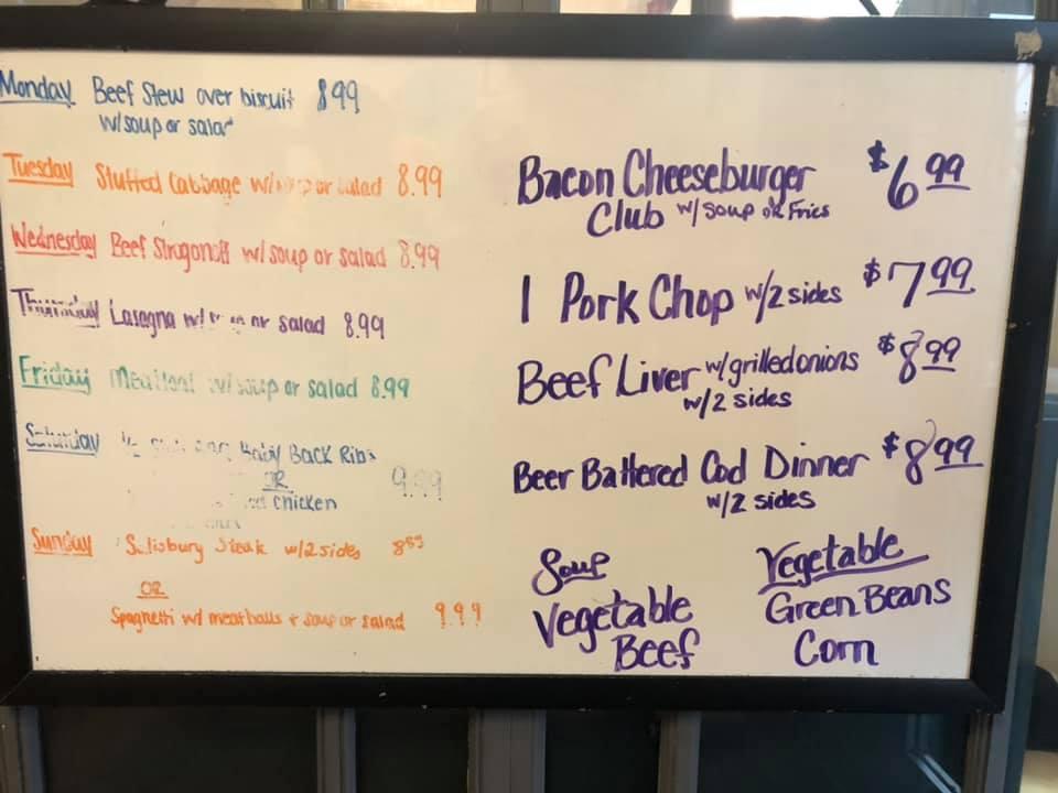 Menu at Zack's Diner restaurant, Fort Branch