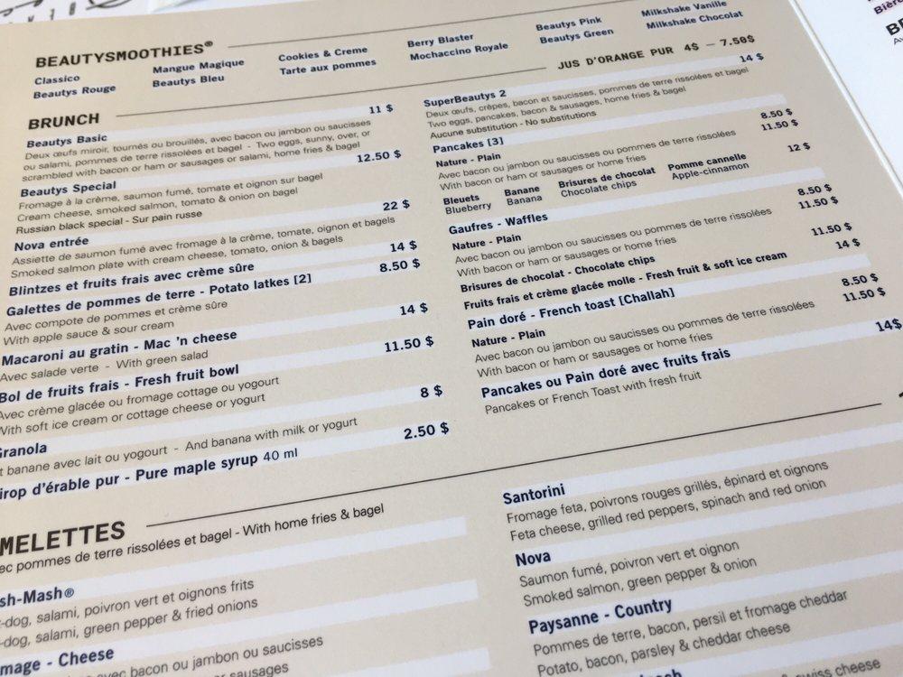 Menu at Beauty's Restaurant, Montréal