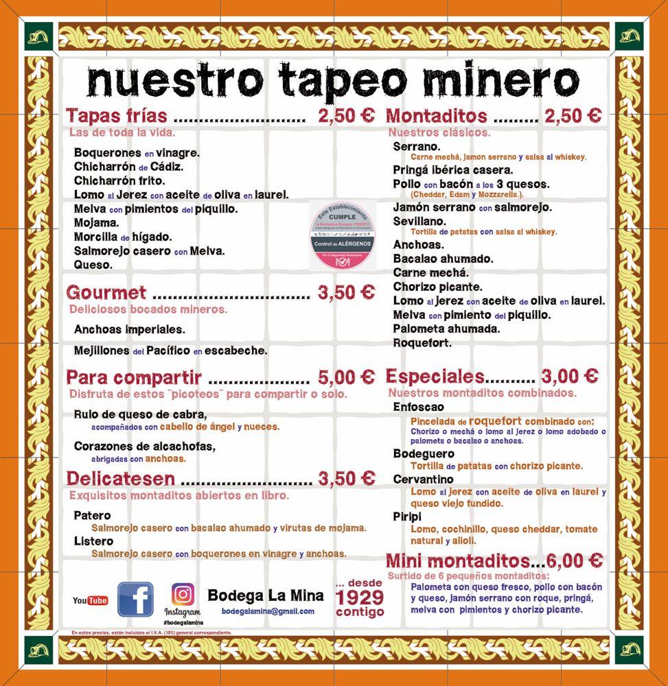 Menu at Bodega La Mina pub & bar, Seville