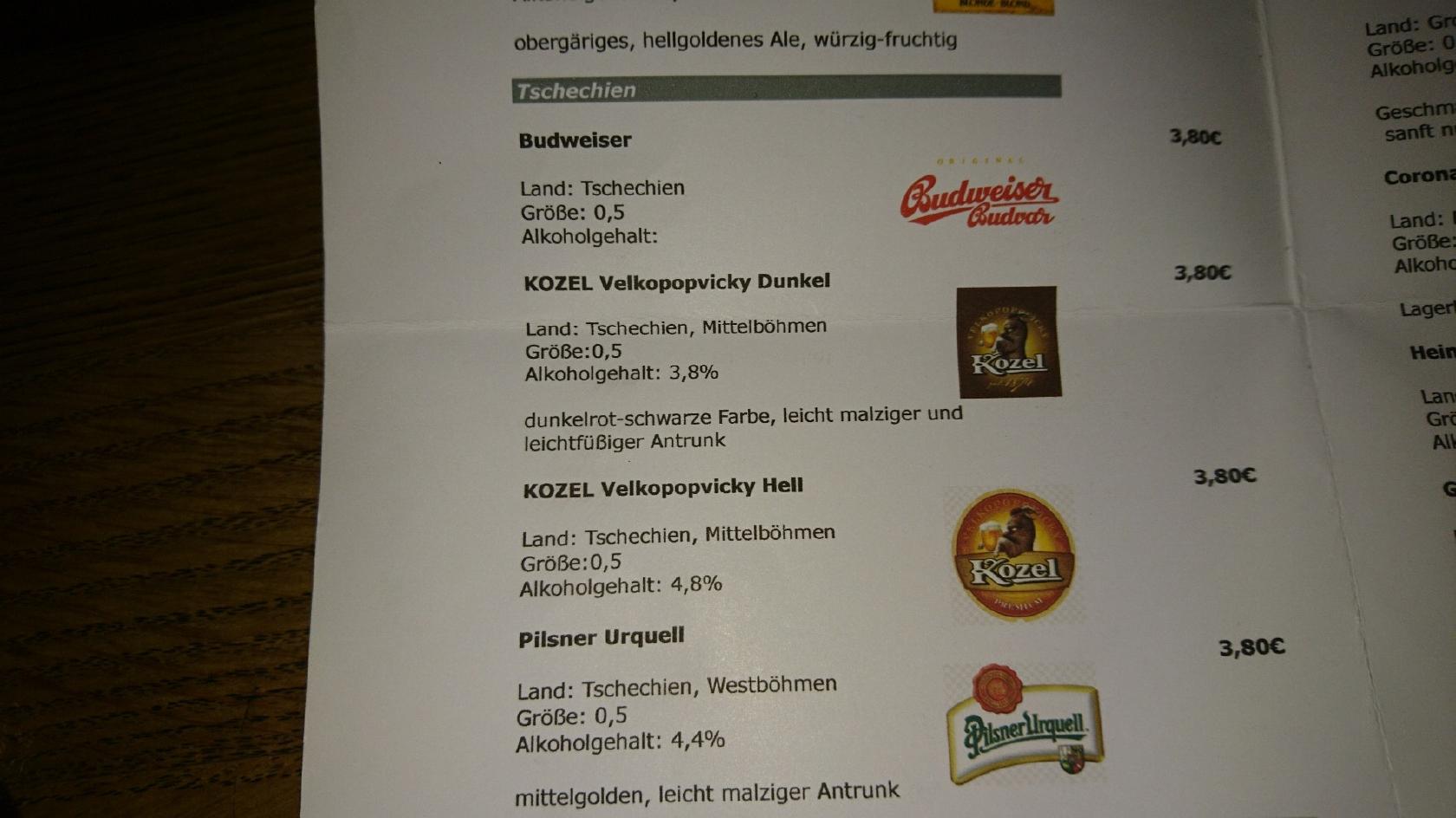 Menu at Cheers pub & bar, Graz