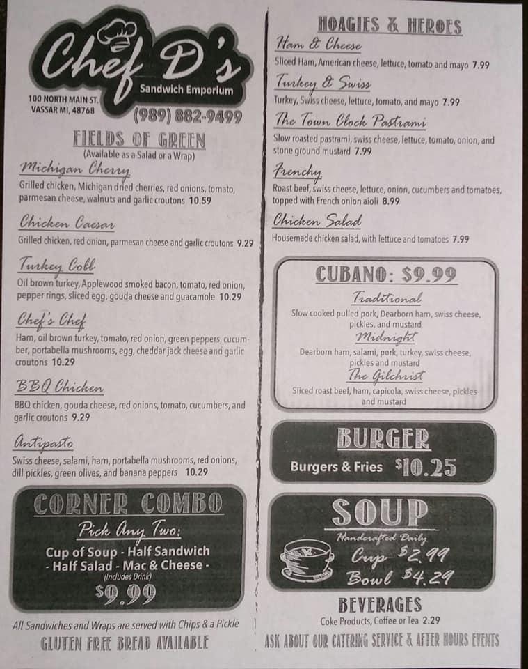 Menu at Chef D's Sandwich Emporium restaurant, Vassar