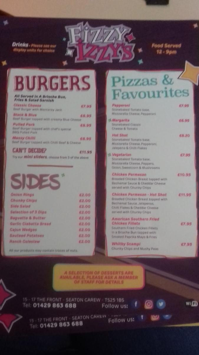 Menu at Fizzy Izzy's restaurant, Hartlepool