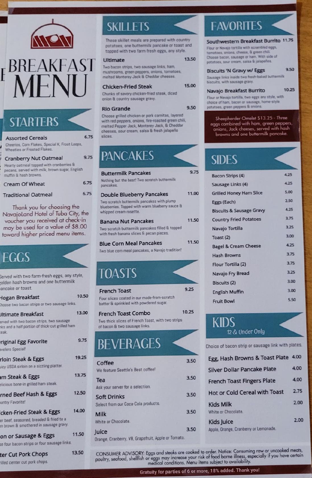 Menu at Hogan Restaurant, Tuba City