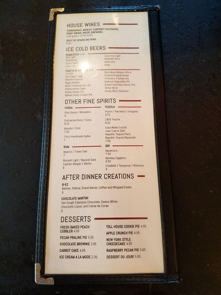 Menu at Josephine Street steakhouse, San Antonio
