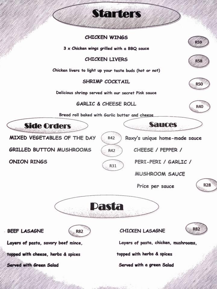 Menu at Roxy's Diner pub & bar, Bronkhorstspruit