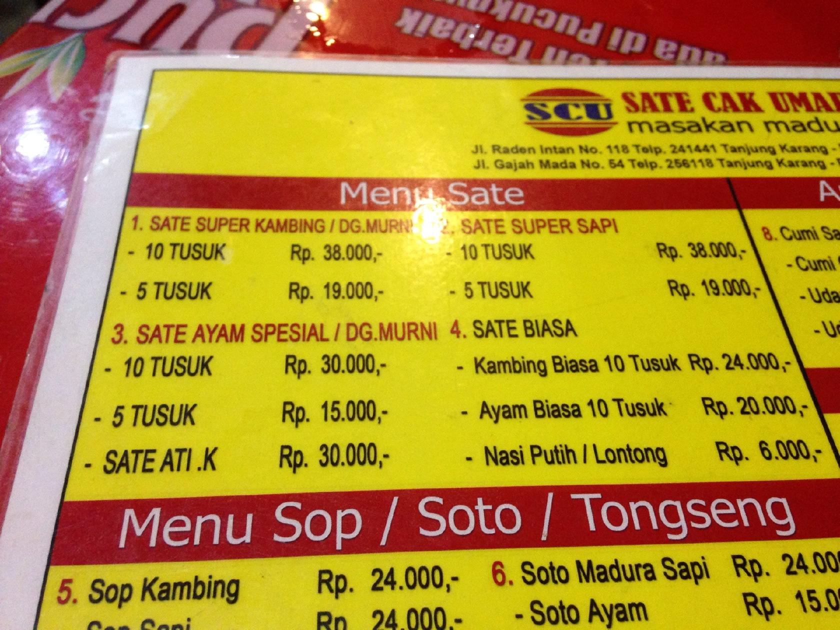 Menu at Sate Cak Umar restaurant, Bandar Lampung, Jl. Raden Intan No.118