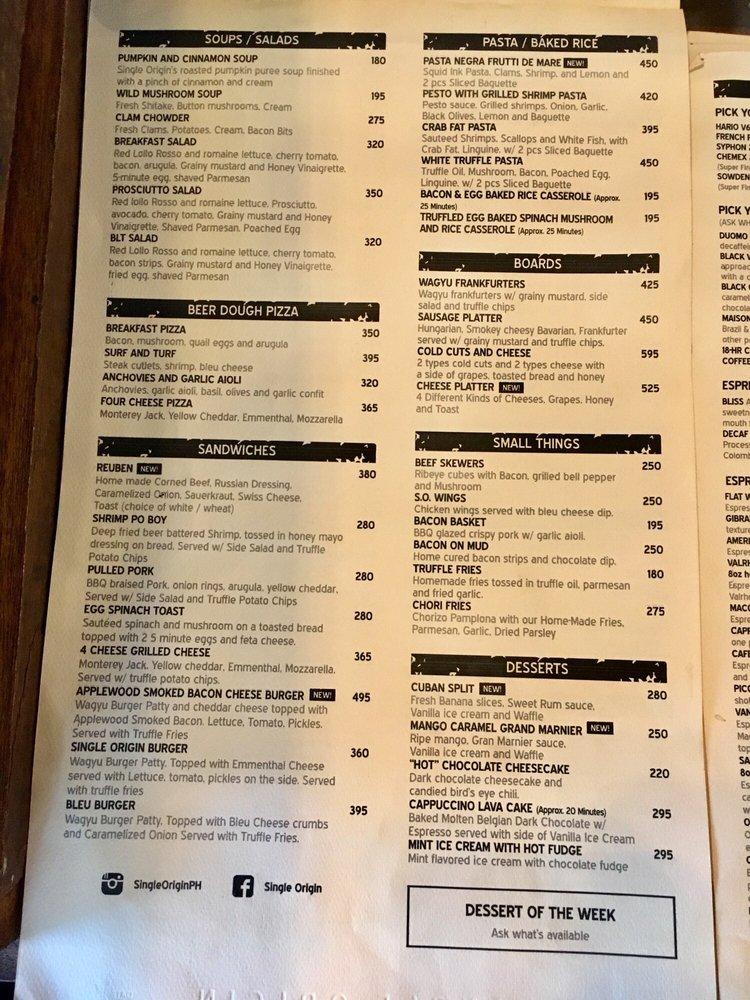 Carta del café Single Origin - Rockwell, Makati, 28 Amorsolo Dr
