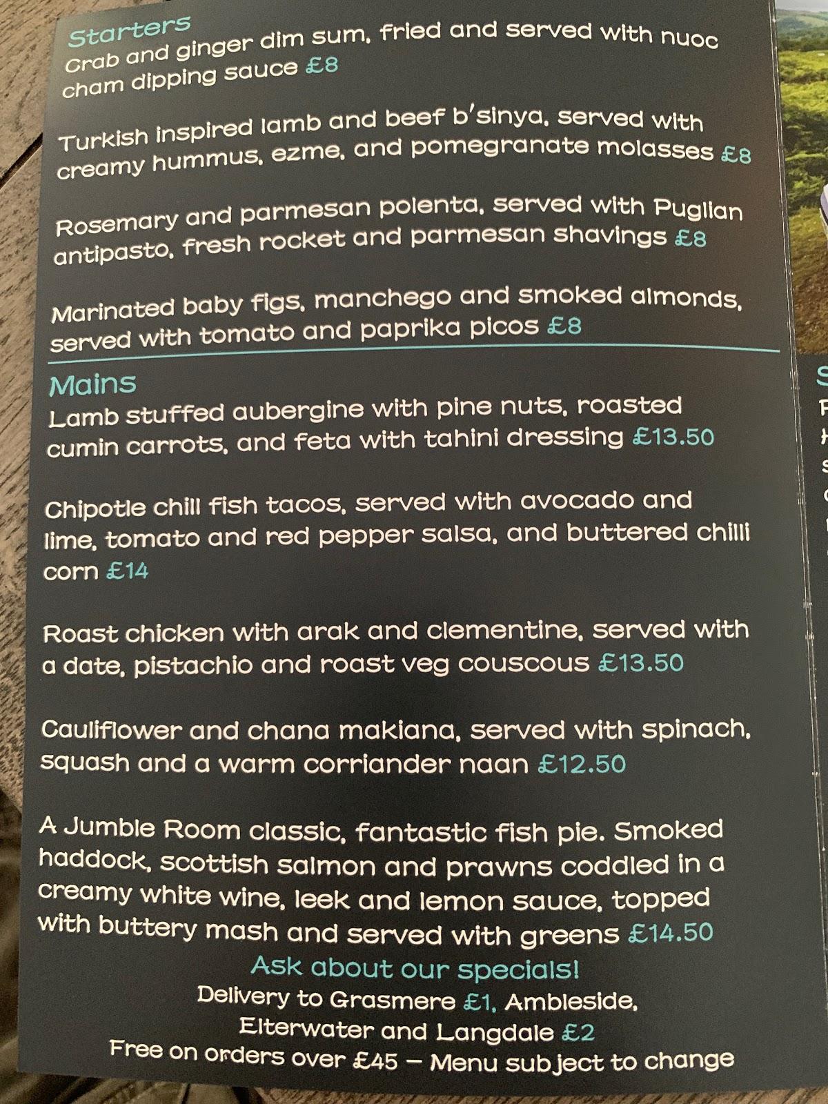 Menu at The Jumble Room restaurant, Lakes