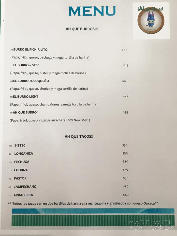 Menu at Ah que burro restaurant, Mexico City