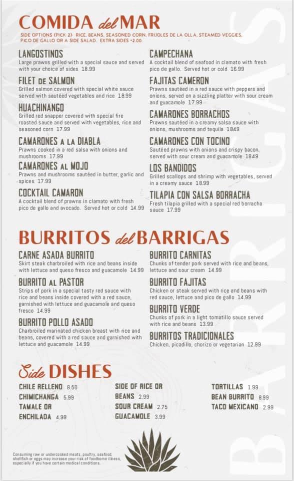 Menu at Barrigas Mexican Restaurant, Garden City