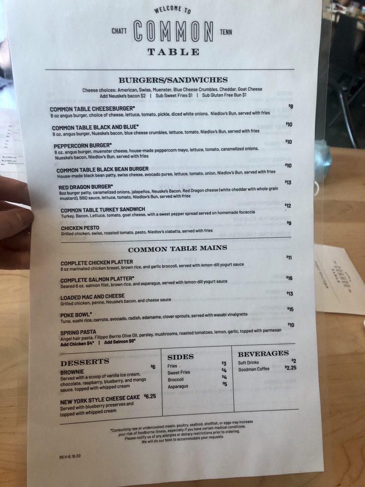 Menu at Common Table pub & bar, Chattanooga