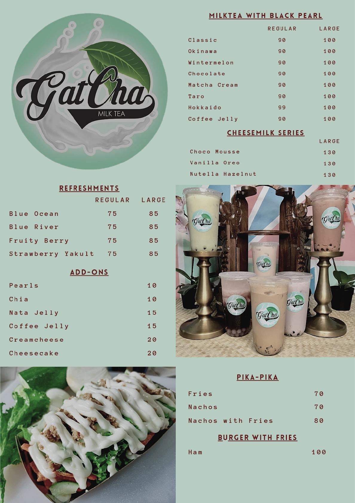 Menu at GatCha Milk Tea Hub cafe, Toledo City