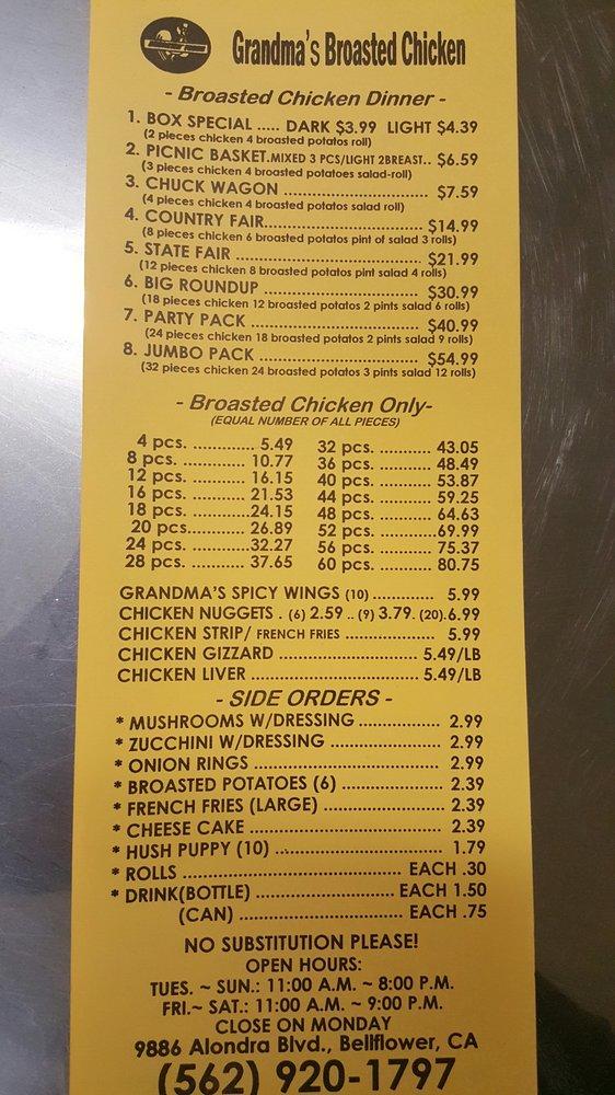 Menu at Grandma's Broasted Chicken restaurant, Bellflower