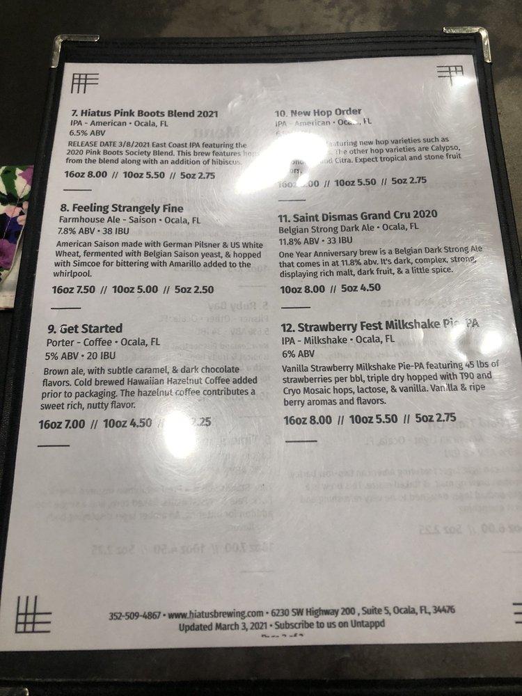Menu at Hiatus Brewing Company pub & bar, Ocala