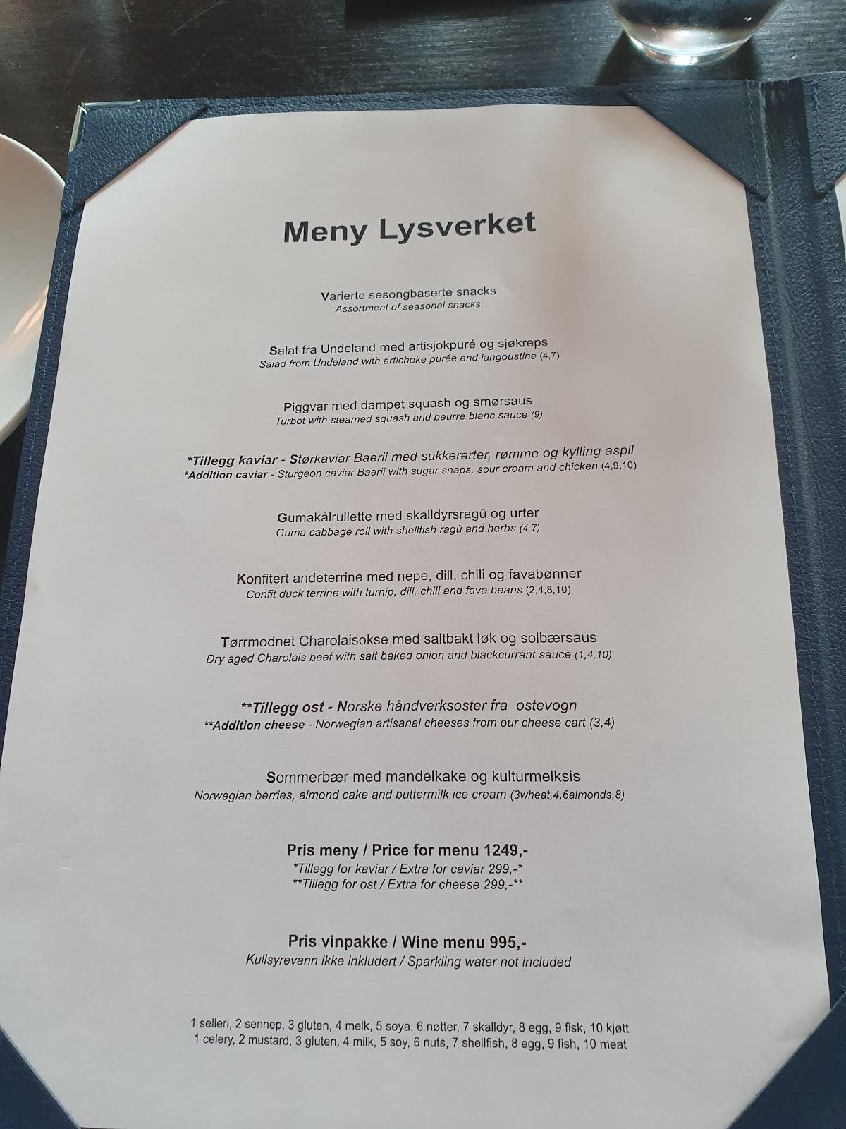 Menu at Lysverket restaurant, Bergen