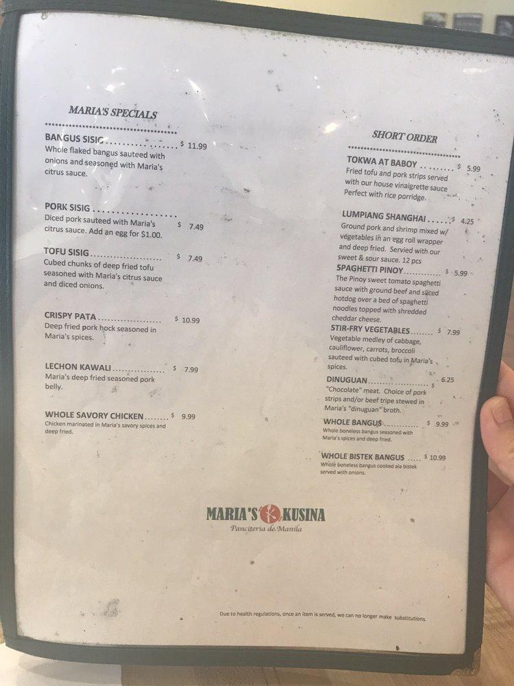 Menu at Maria's Kusina restaurant, Buena Park