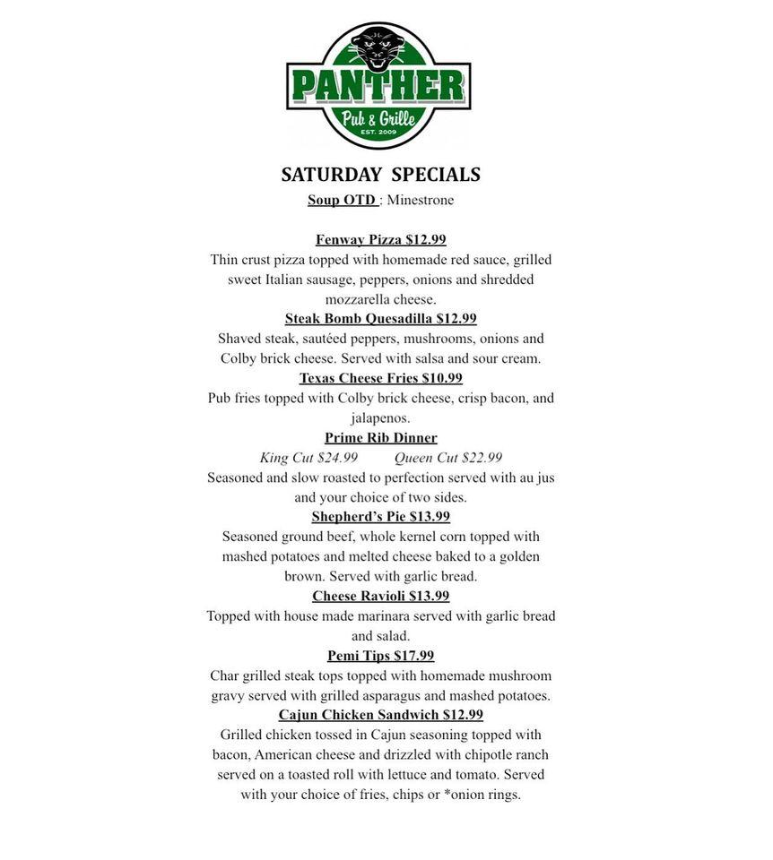Menu at Panther Pub & Grille, Plymouth