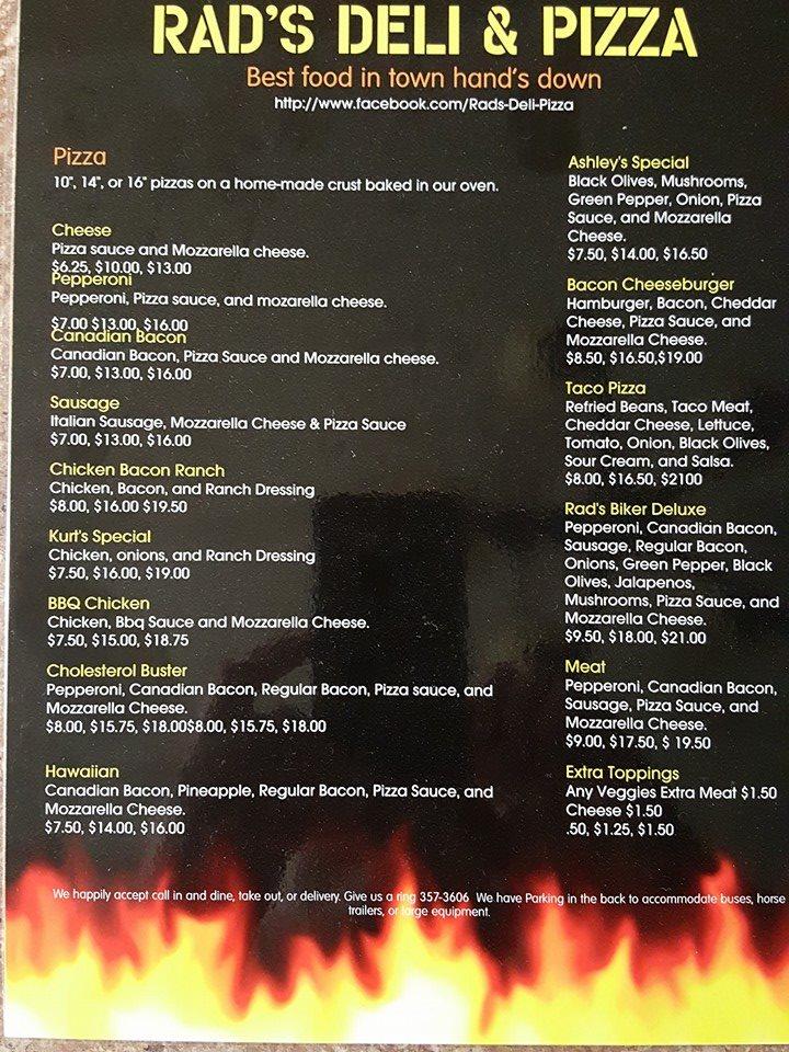 Menu at Rad's Deli and Pizza pizzeria, Chinook