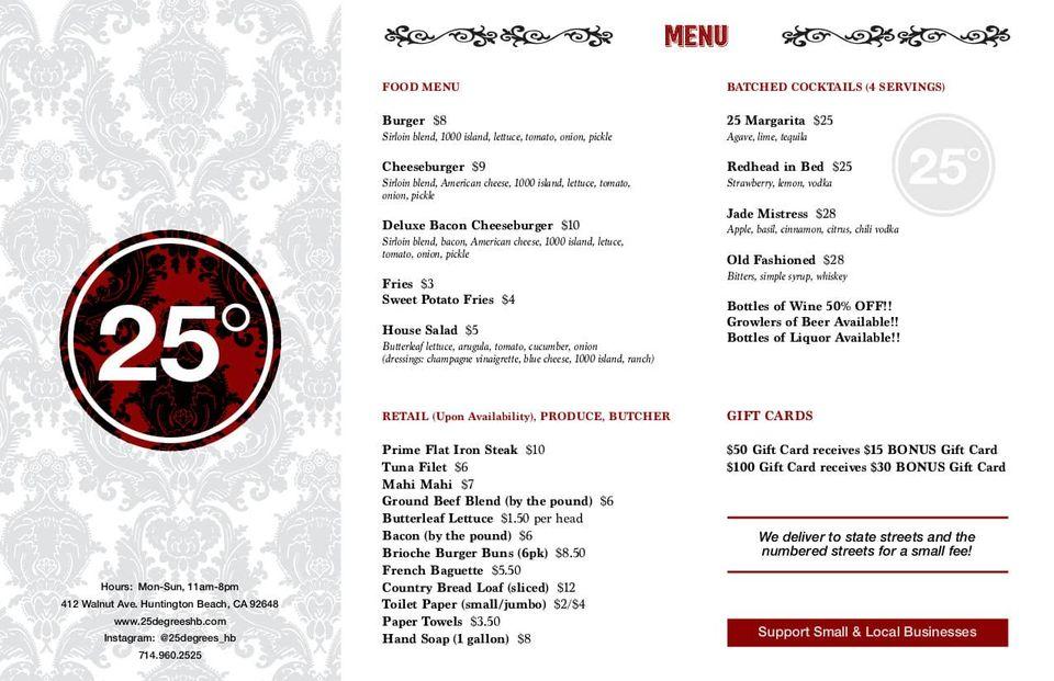 Menu at 25 Degrees Huntington Beach pub & bar, Huntington Beach