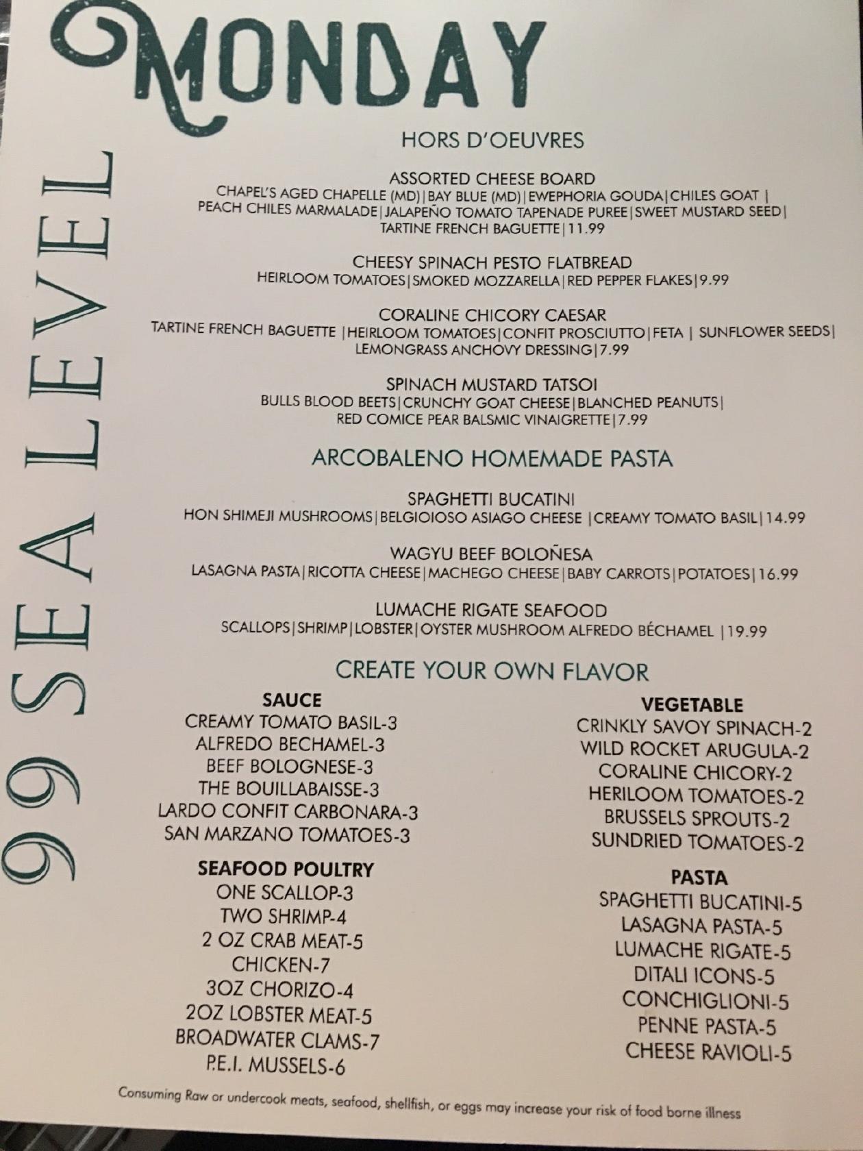 Menu at 99 Sea Level pub & bar, Bethany Beach