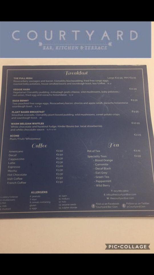 Menu at Courtyard Bar, Clonakilty, Hartes Courtyard