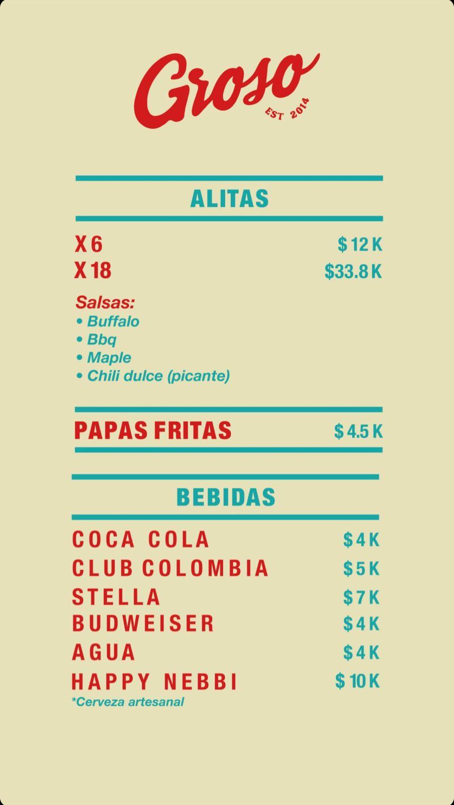 Carta del restaurante Groso, Barranquilla