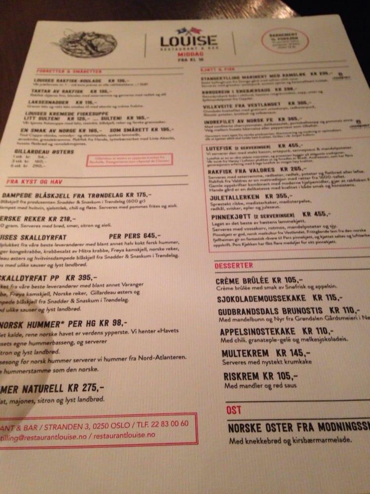 Menu at Louise Restaurant & Bar, Oslo