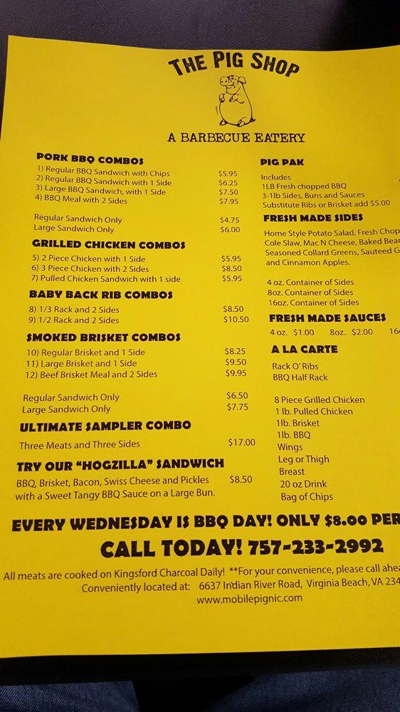 Menu at The Pig Shop BBQ, Virginia Beach, Indian River Rd