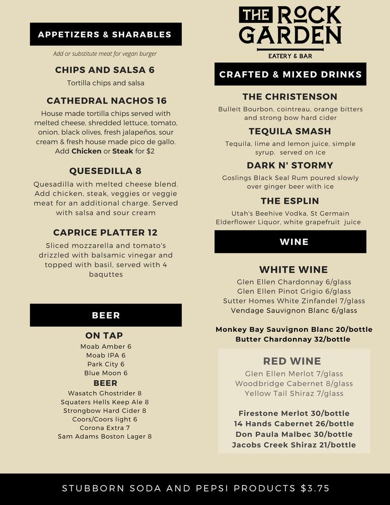 Menu at The Rock Garden Eatery and Bar, Torrey