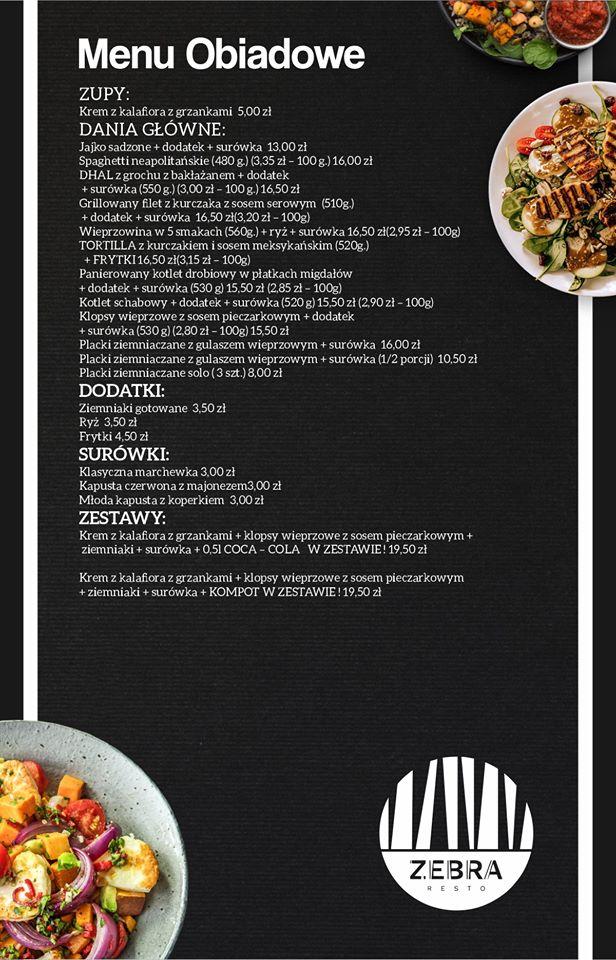 Menu at Zebra Resto, Kraków