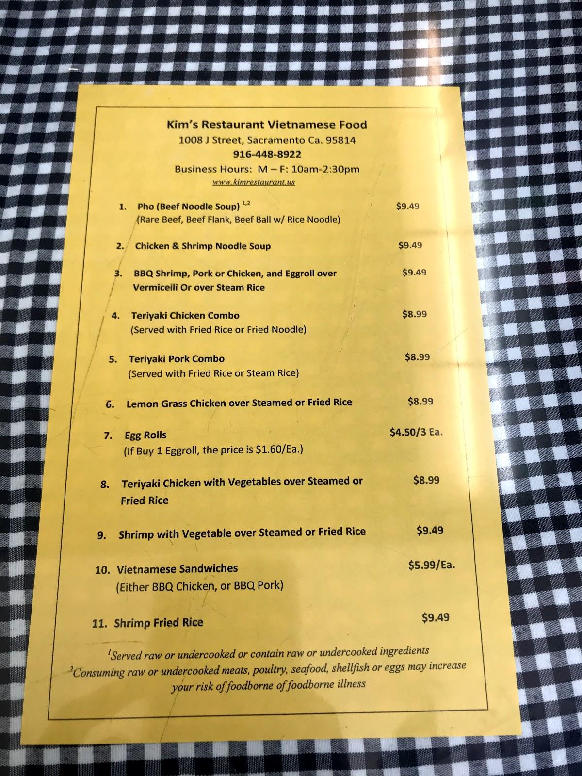 Menu at Kim’s Restaurant, Sacramento