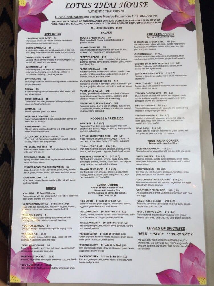 Menu at Lotus Thai House restaurant, Cleveland Heights, Lee Rd
